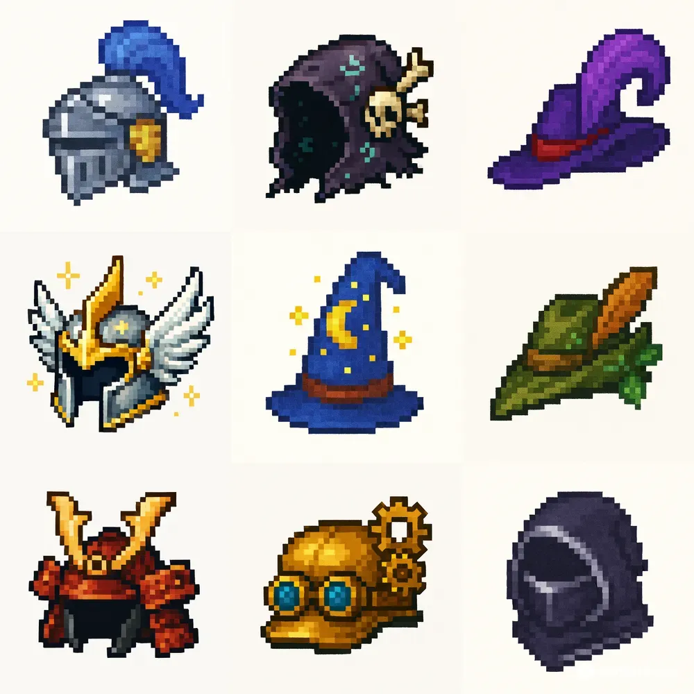 Pixel Art RPG Character Hats ChatGPT Image Prompt | PromptBase