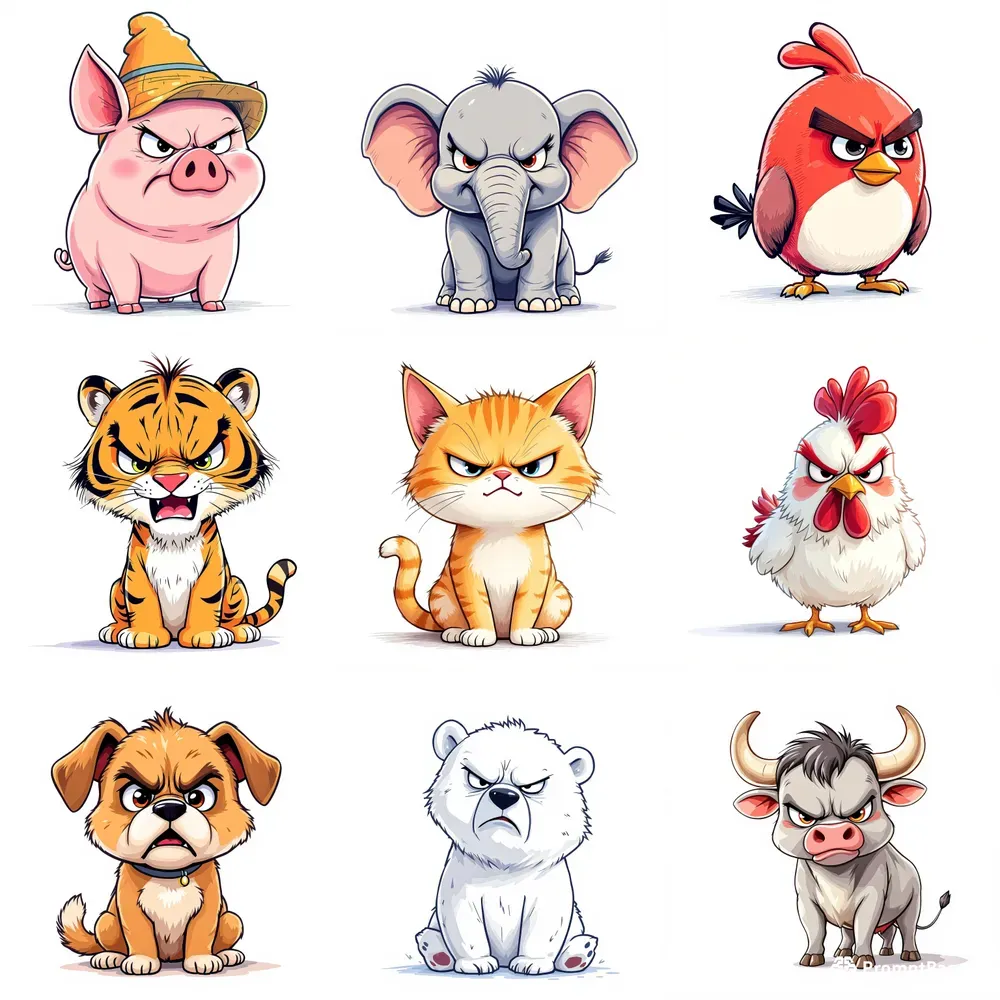 Cartoon Style Drawing Cute Angry Animals FLUX Prompt | PromptBase