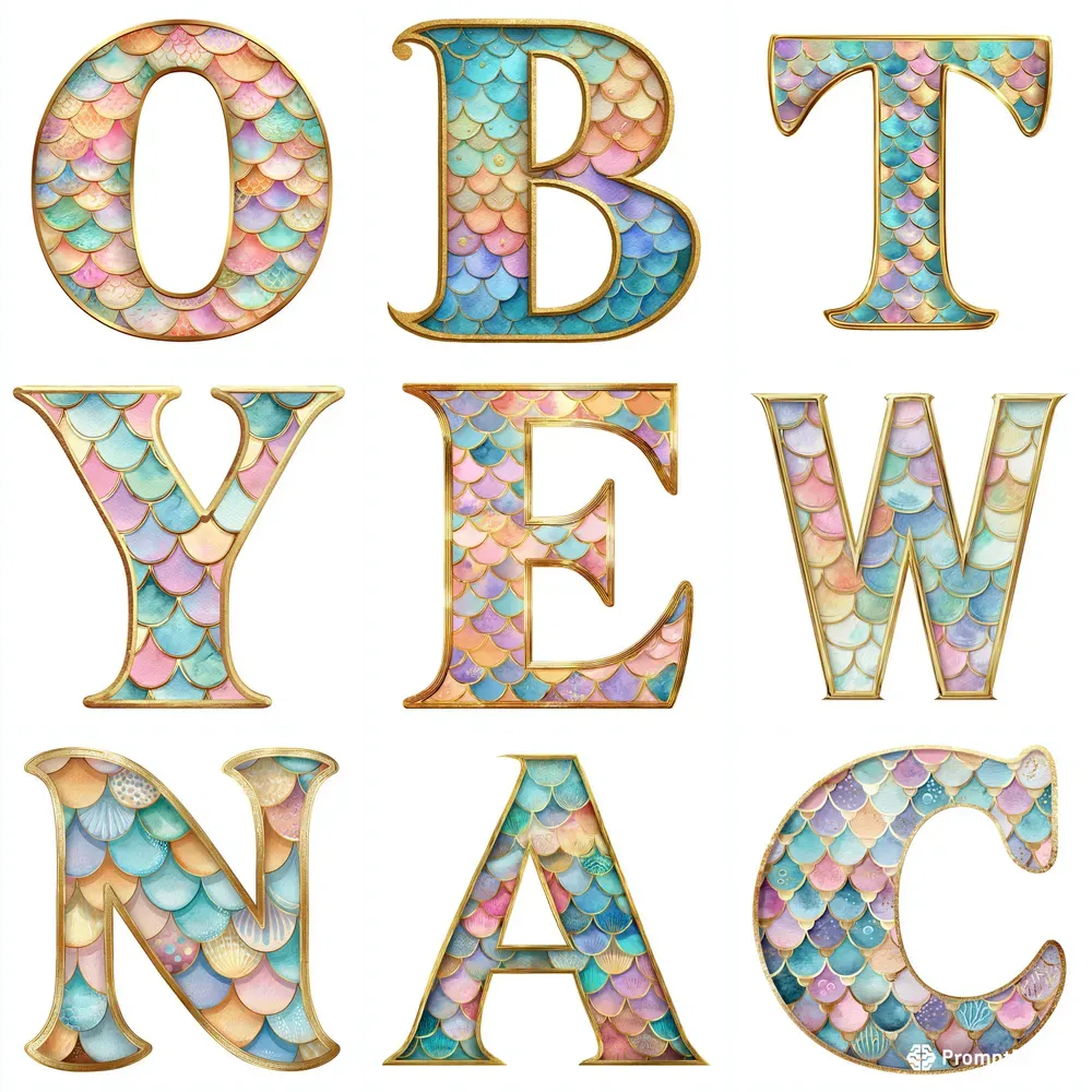 Cute Mermaid Scales Alphabet Letters Midjourney Prompt | PromptBase