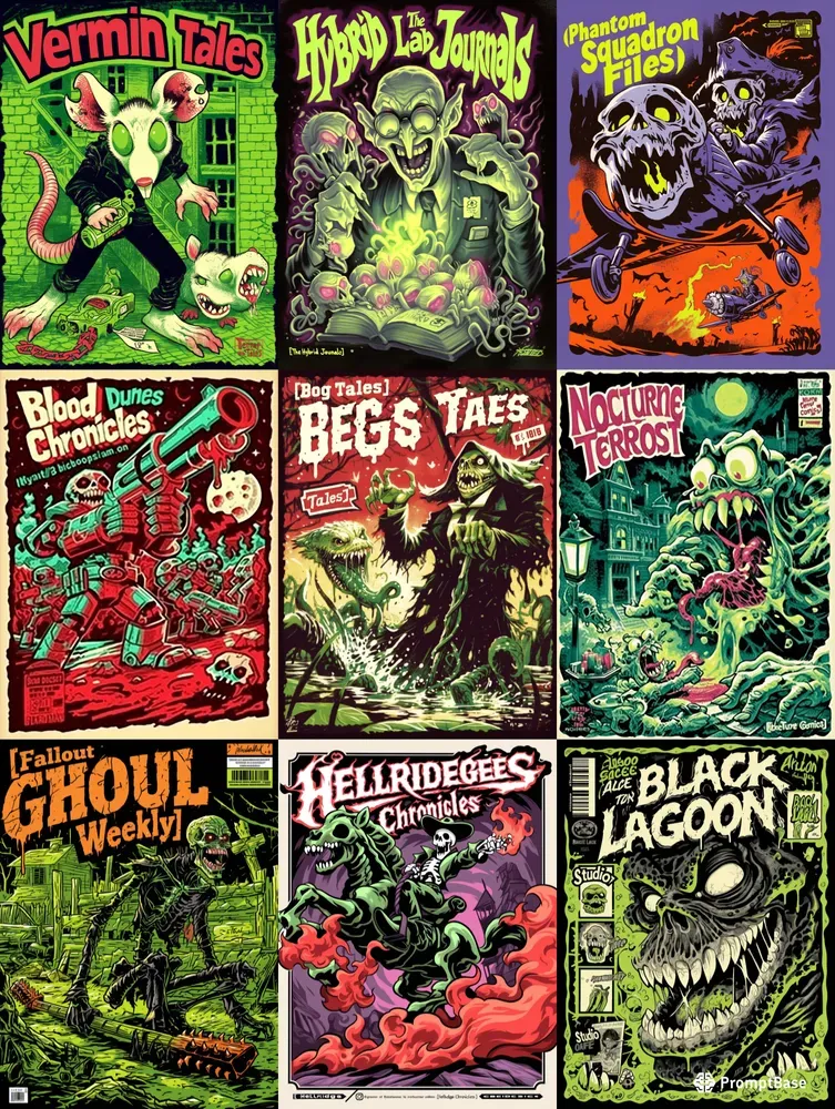 Retro Pulp Horror Poster Designs Midjourney Prompt | PromptBase