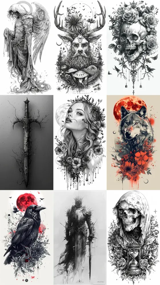 Dark Fantasy Tattoo Flash Sheets Midjourney Prompt | PromptBase