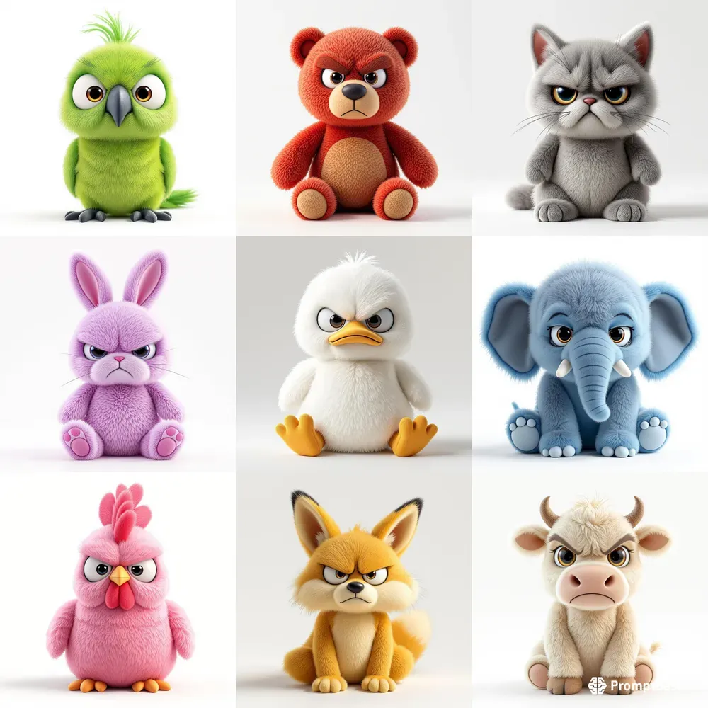 Charming Cute Angry Plush Toy Animals FLUX Prompt | PromptBase