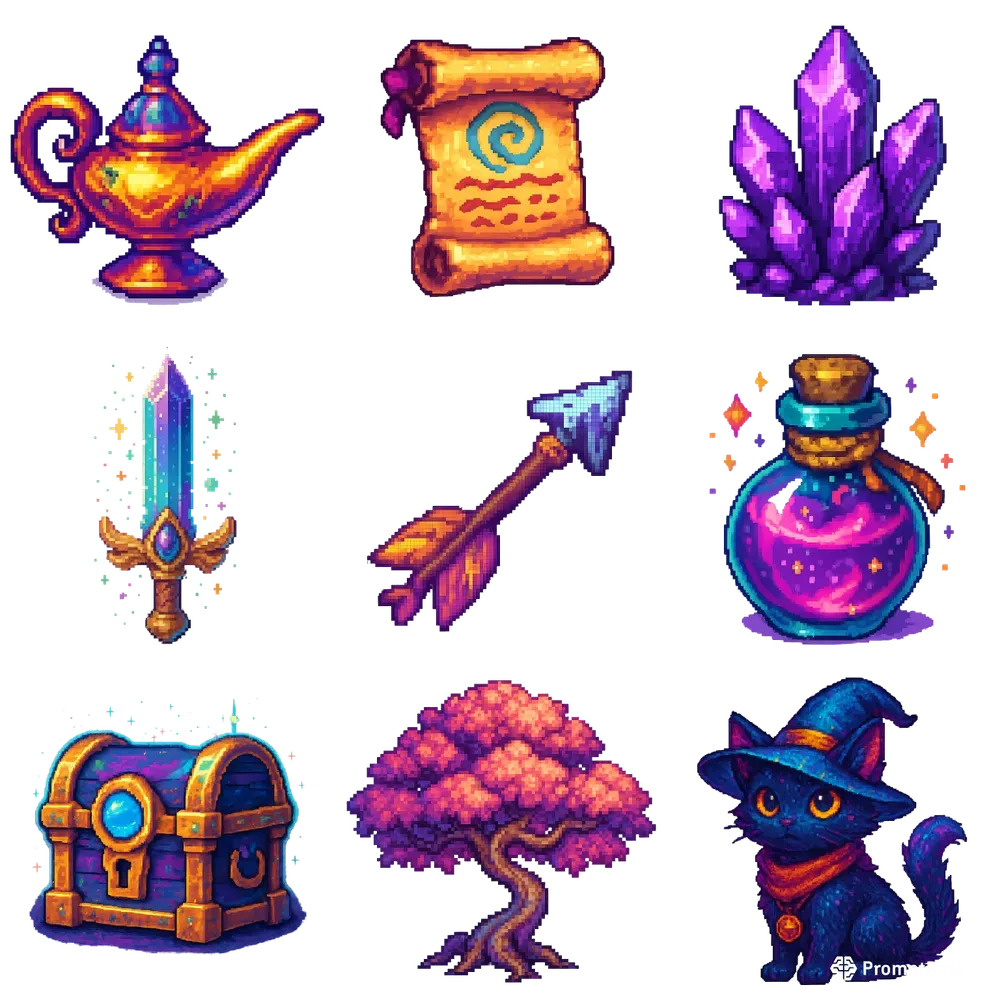Game Assets In Retro Pixel Art Fantasy ChatGPT Image Prompt | PromptBase