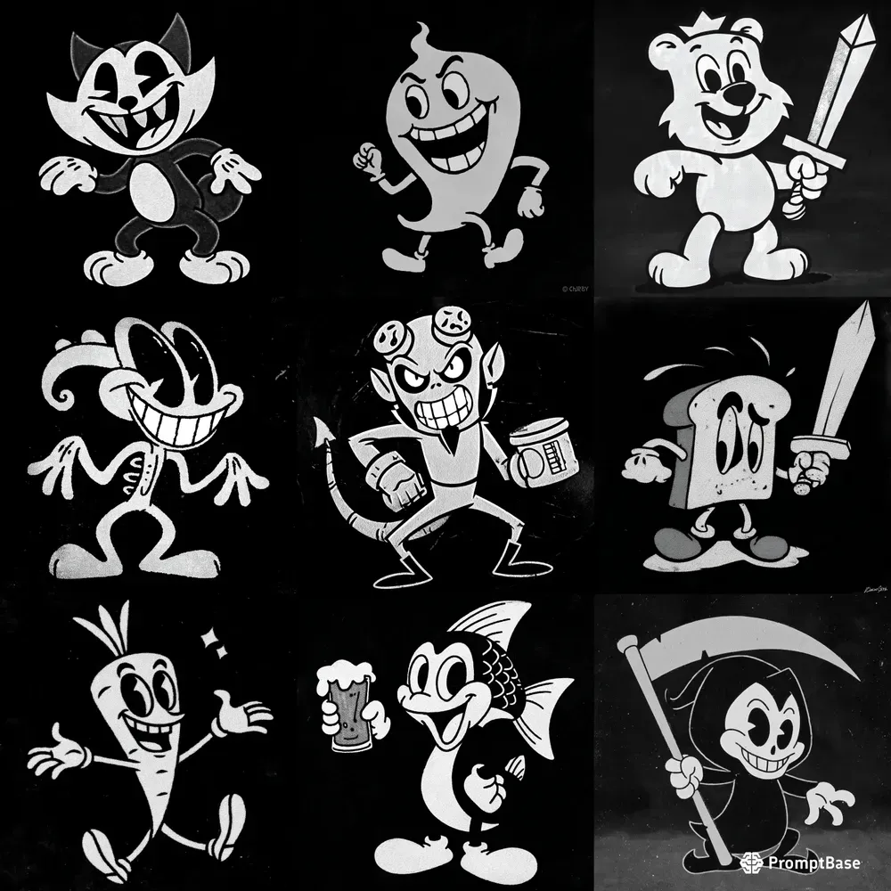 Rubber Hose Vector Characters Midjourney Prompt | PromptBase