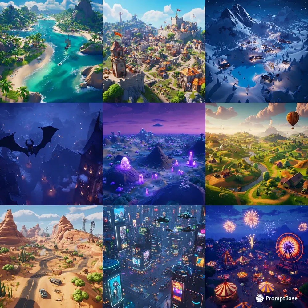 Fortnite Inspired Aerial Vistas Midjourney Prompt | PromptBase