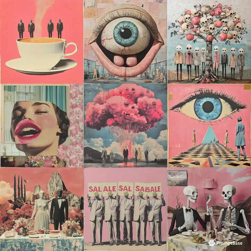 Dryly Humorous Paper Collages Midjourney Prompt | PromptBase