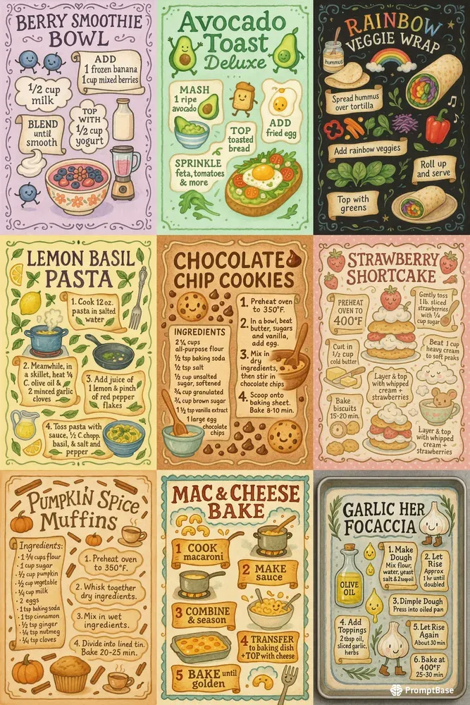 Whimsical Recipe Poster Collections ChatGPT Image Prompt | PromptBase