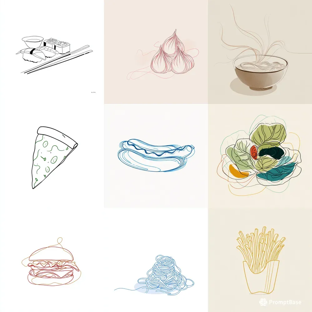 Oneline Minimal Color Drawings Of Food Midjourney Prompt | PromptBase