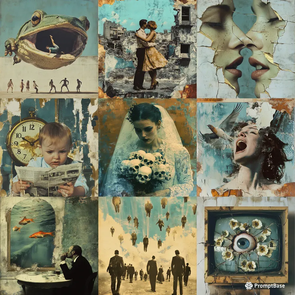 Nostalgic Collage Surrealism Realms Midjourney Prompt | PromptBase