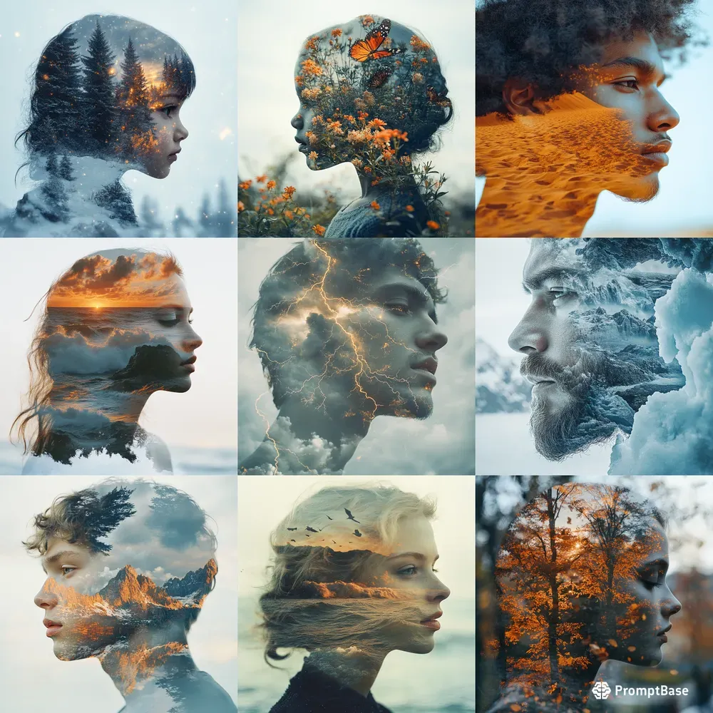 Artistic Double Exposure Portraits Midjourney Prompt | PromptBase