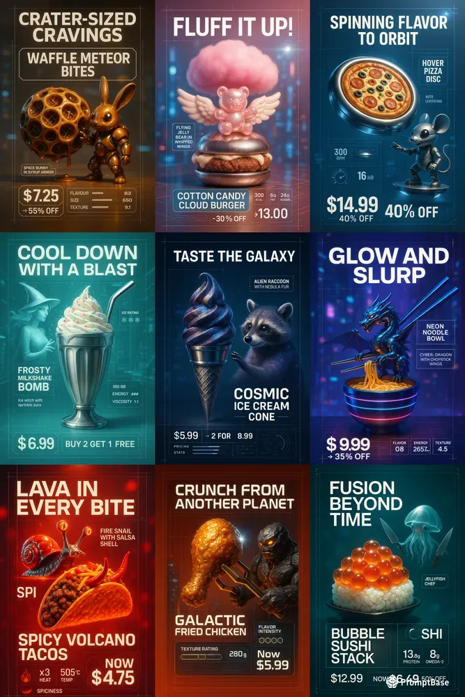 Futuristic Food Poster Creators ChatGPT Image Prompt | PromptBase