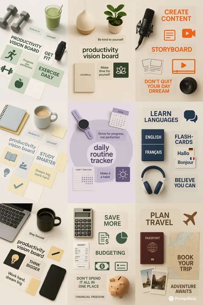 Productivity Vision Boards Editable ChatGPT Image Prompt | PromptBase