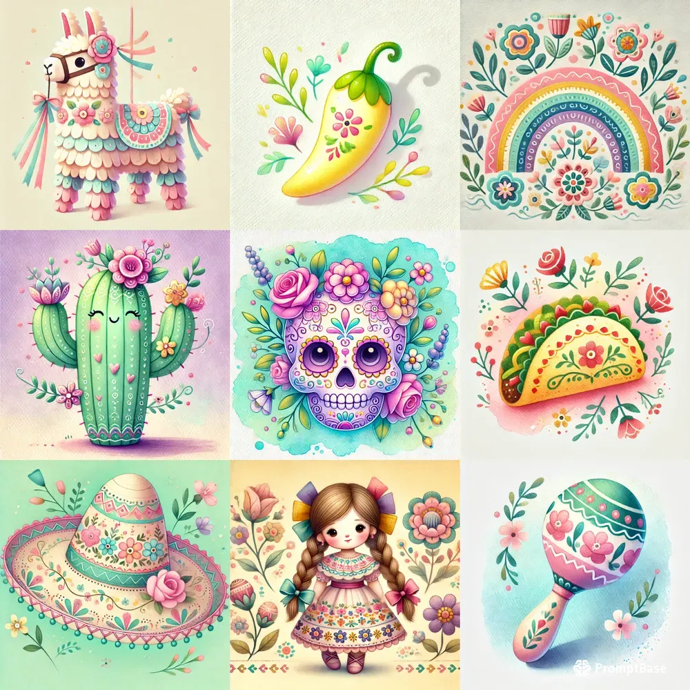 Mexican Pastel Folk Art Designs DALL·E Prompt | PromptBase