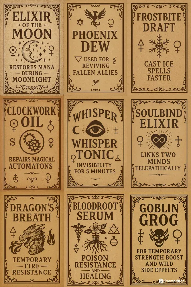 Fantasy Potion Label Design Packs ChatGPT Image Prompt | PromptBase
