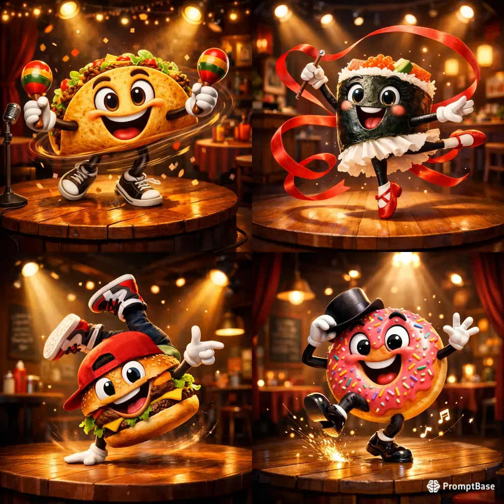 Dancing Food Characters 3D ChatGPT Image Prompt | PromptBase