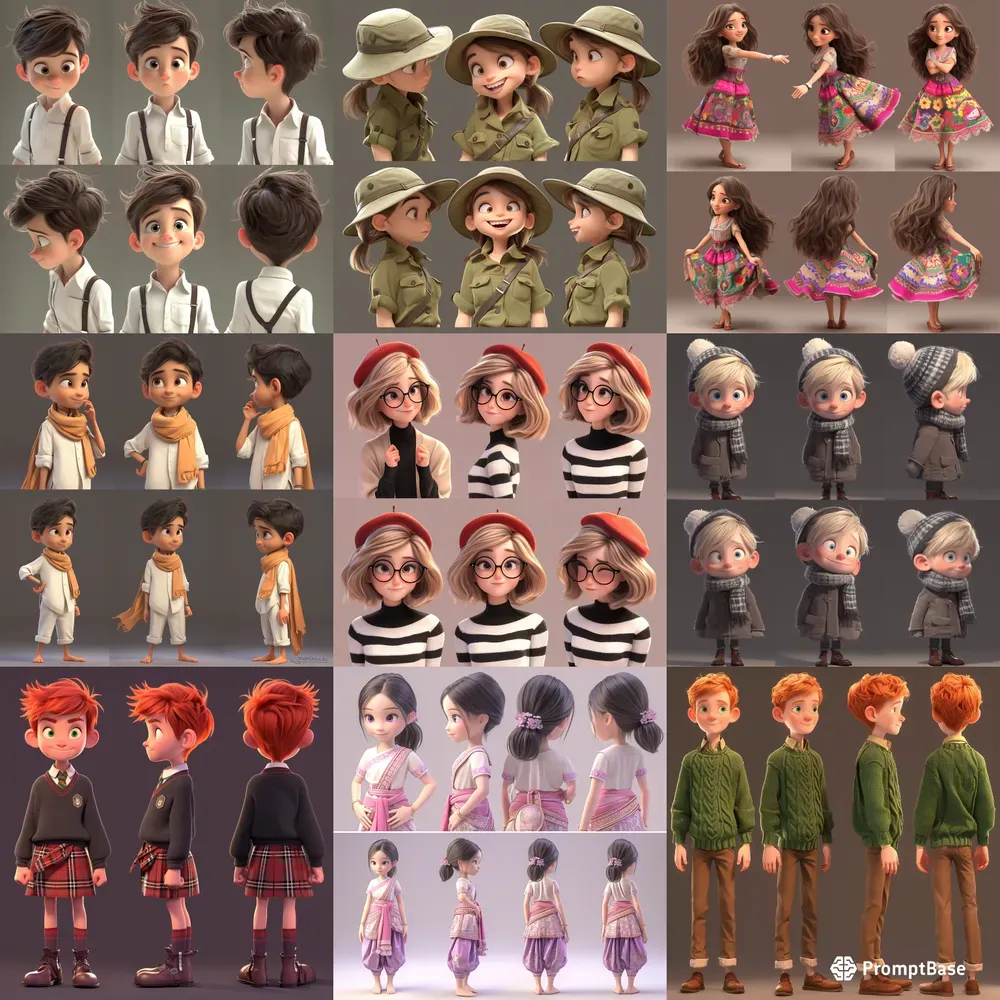 3D Pixar Characters Sheets Midjourney Prompt | PromptBase