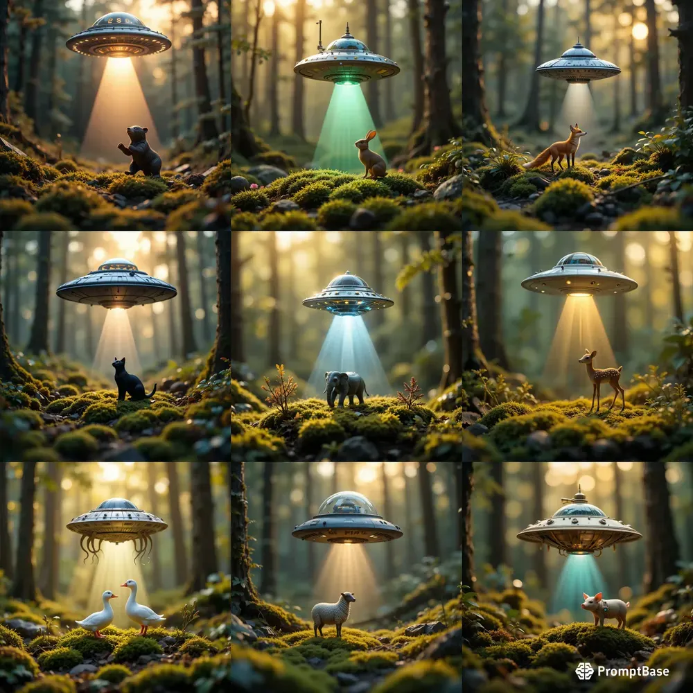 Mini Dioramas Ufos Beam Up Forest Animals Imagen Prompt | PromptBase