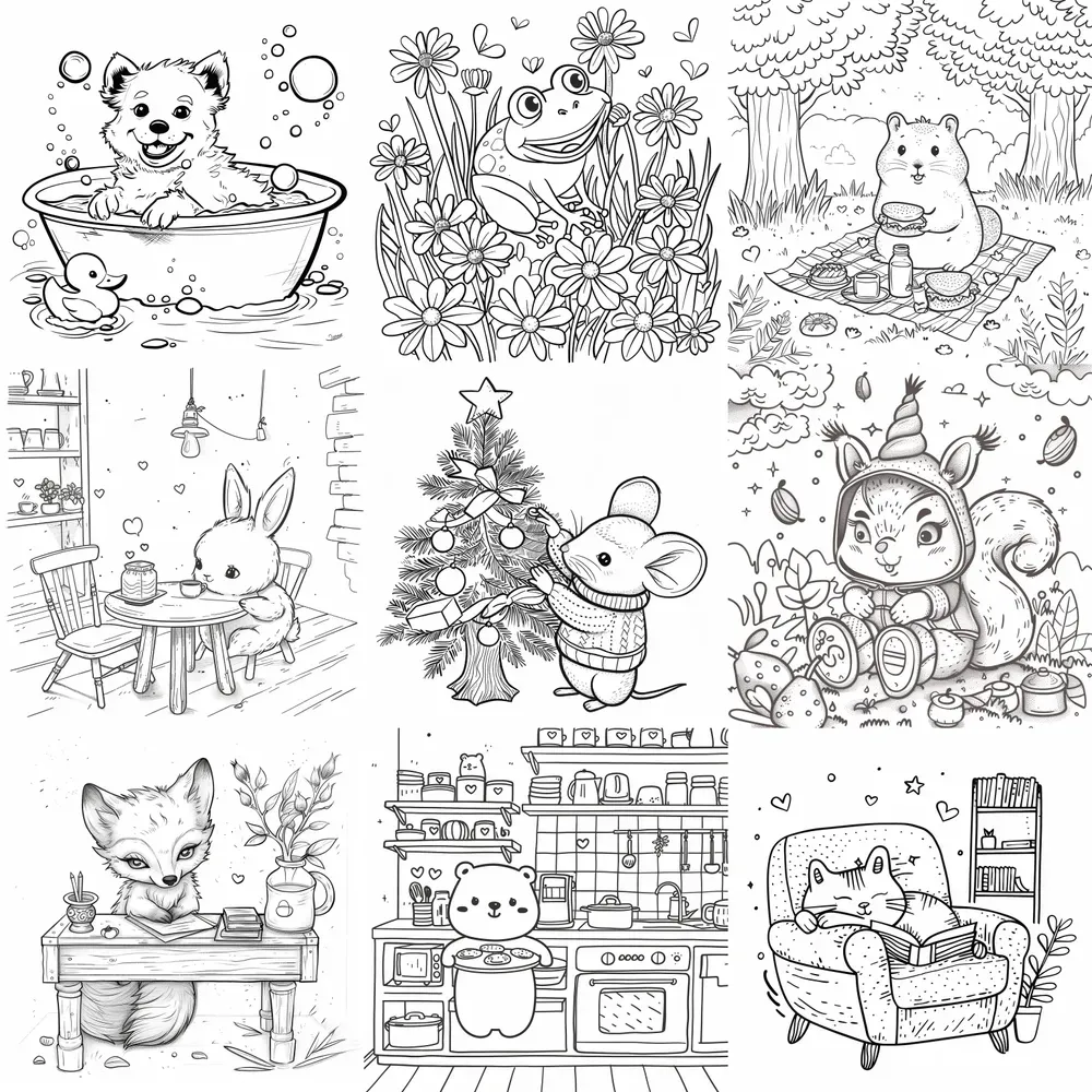 Cute Kawaii Line Art Coloring Pages Cozy Midjourney Prompt | PromptBase