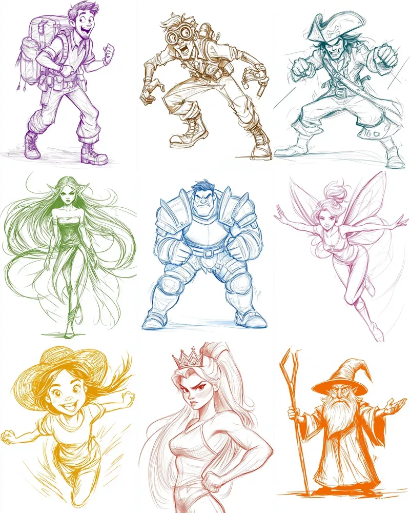 Dynamic Character Sketches Midjourney Prompt | PromptBase