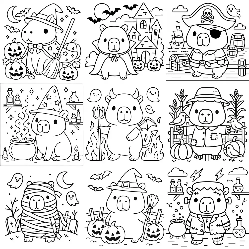 Cute Halloween Capybara Coloring Pages ChatGPT Image Prompt | PromptBase