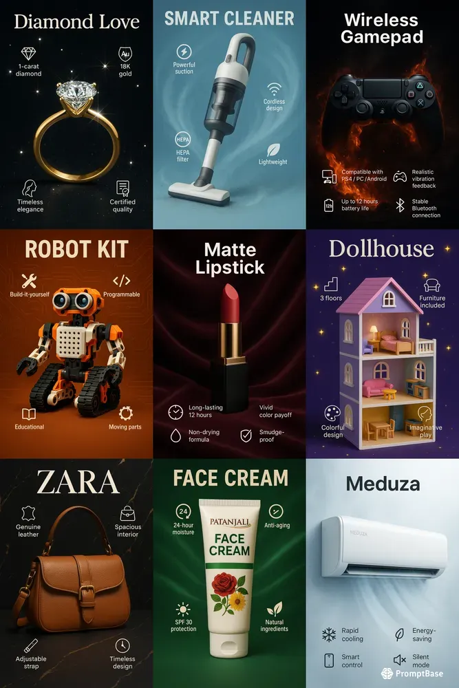 Product Advertising Cards ChatGPT Image Prompt | PromptBase