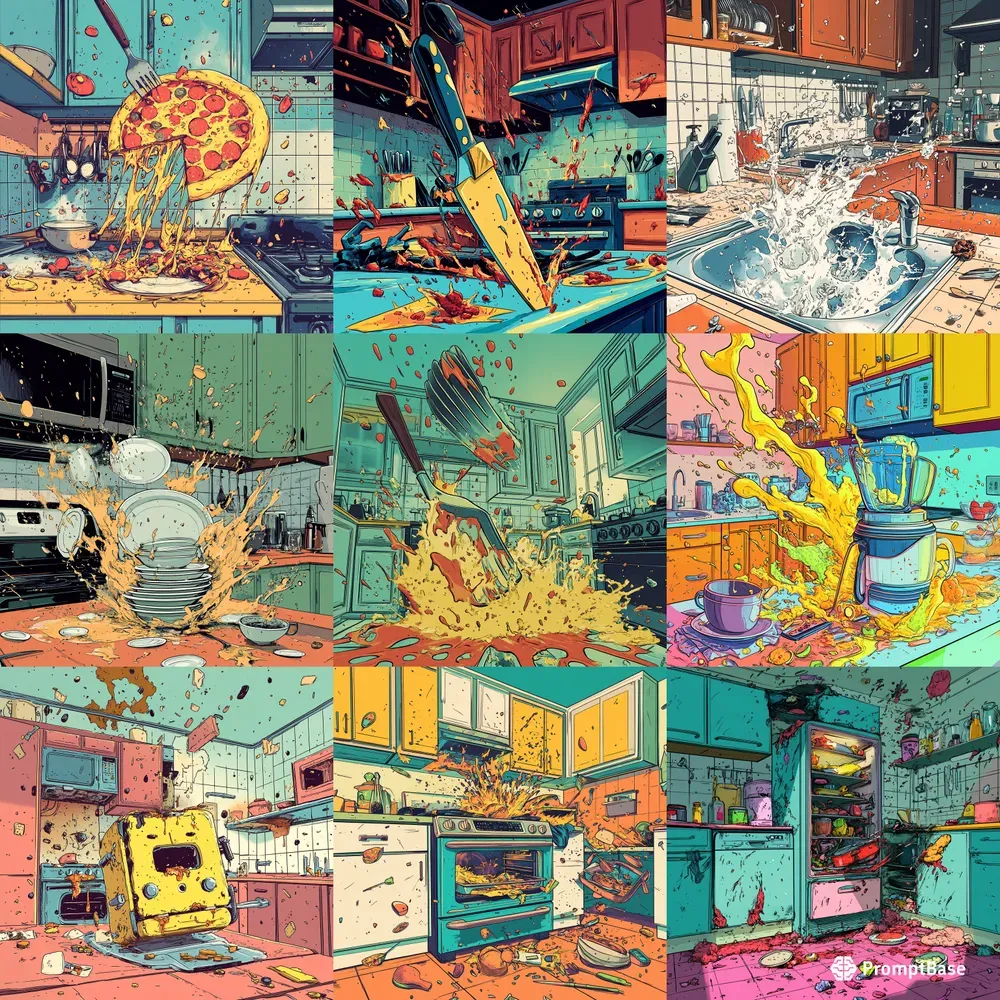 Kitchen Chaos Comic Style Midjourney Prompt | PromptBase