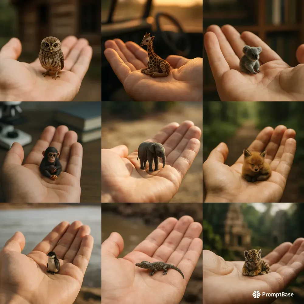 Realistic Tiny Animals In Hands ChatGPT Image Prompt | PromptBase