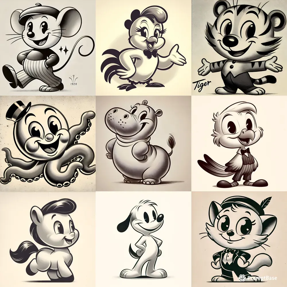 1930s Vintage Animal Cartoon Characters DALL·E Prompt | PromptBase