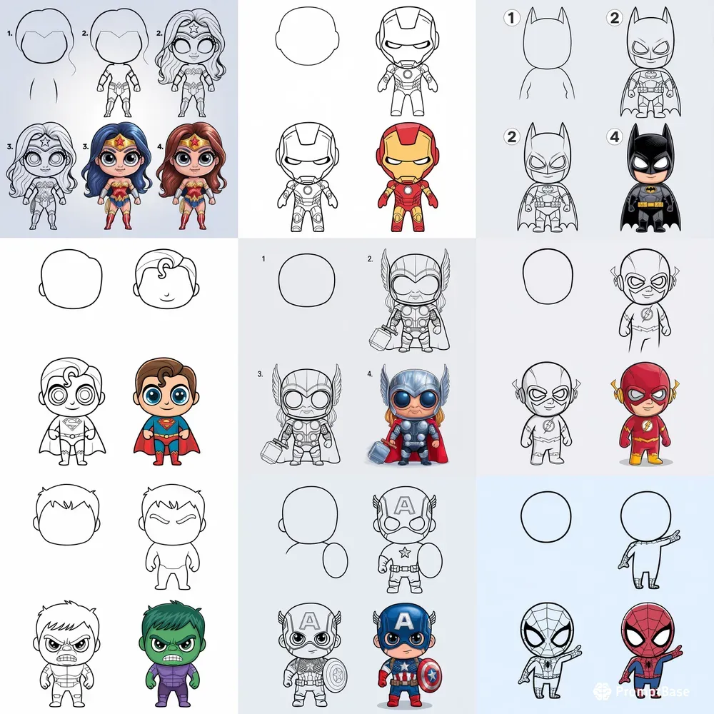 Chibi Superhero Drawing Tutorials 4 Kids Ideogram Prompt | PromptBase