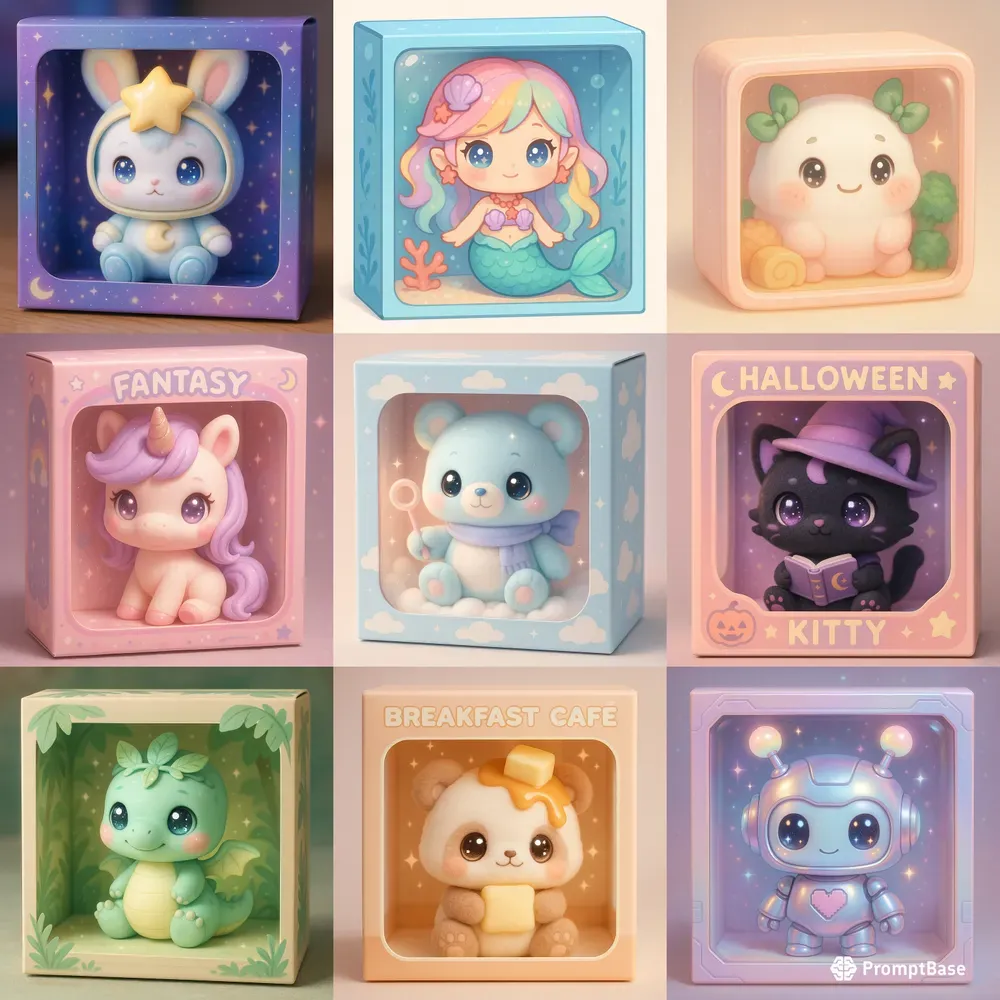 Pastel Chibi Toy Figures Boxed Characters ChatGPT Image Prompt | PromptBase