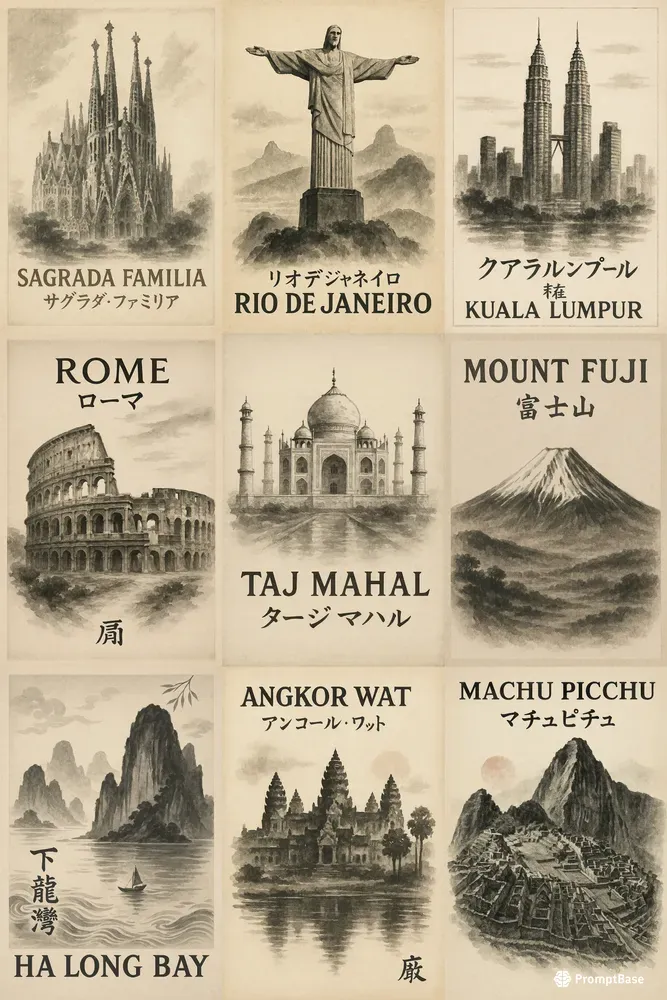 Vintage Sumie Travel Poster Series ChatGPT Image Prompt | PromptBase