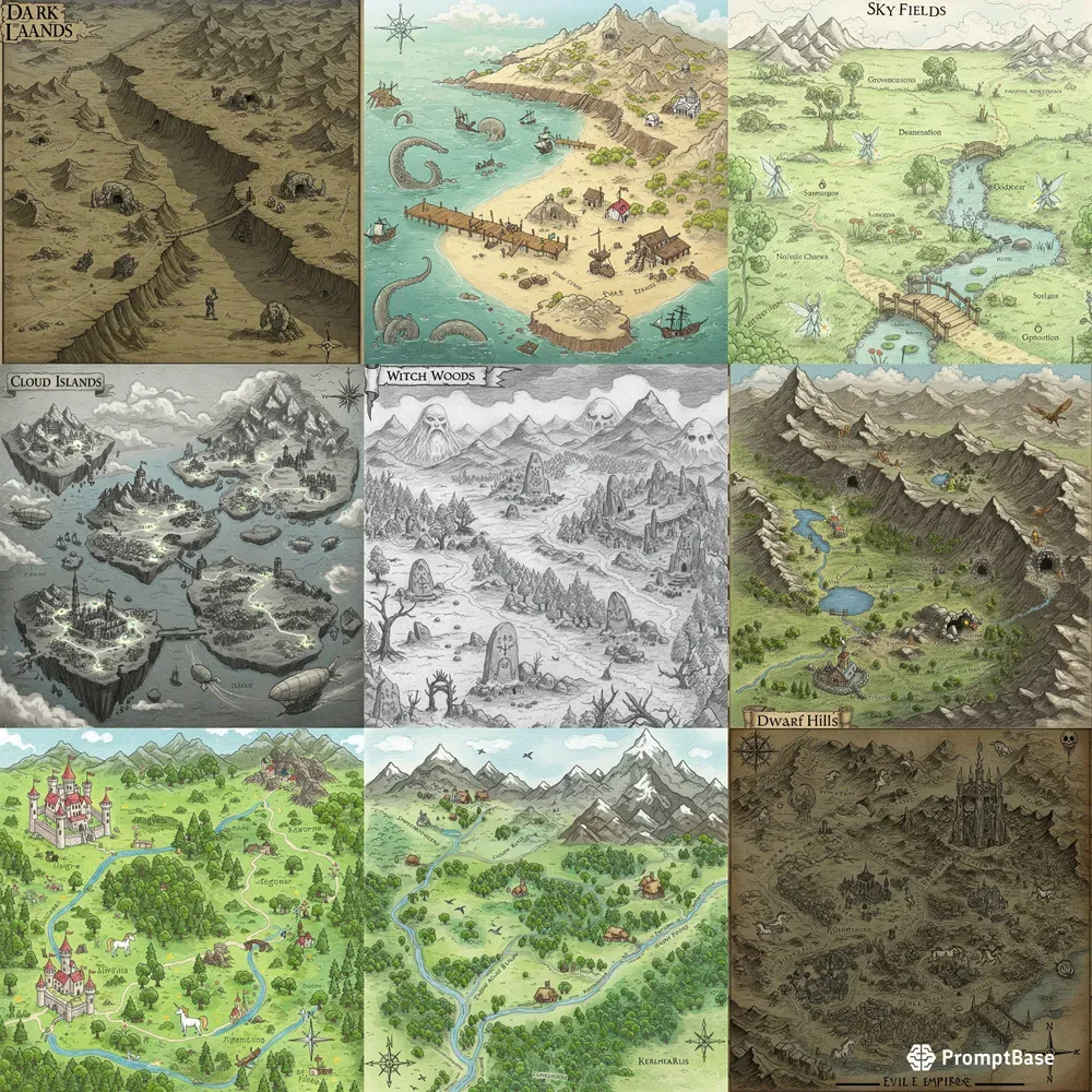 Hand Drawn Fantasy Map Sketches Imagen Prompt | PromptBase