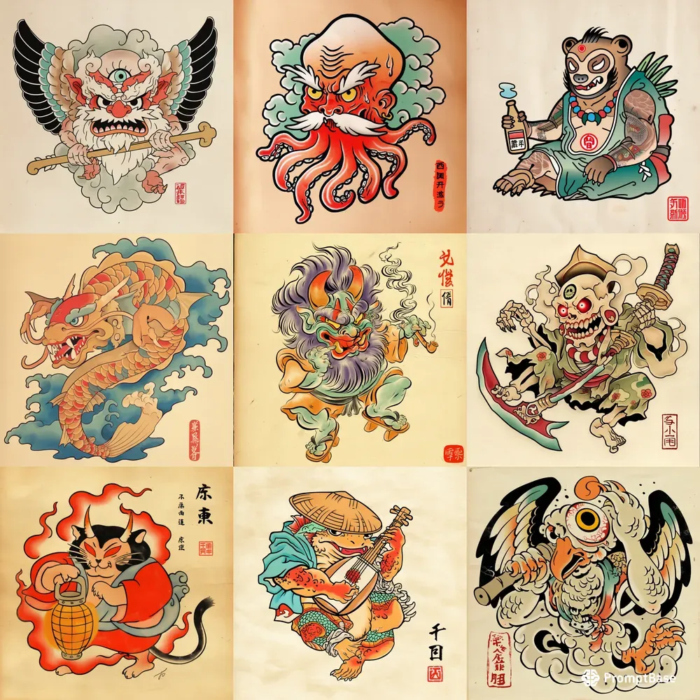 Old School Yokai Japanese Tattoos Midjourney Prompt | PromptBase