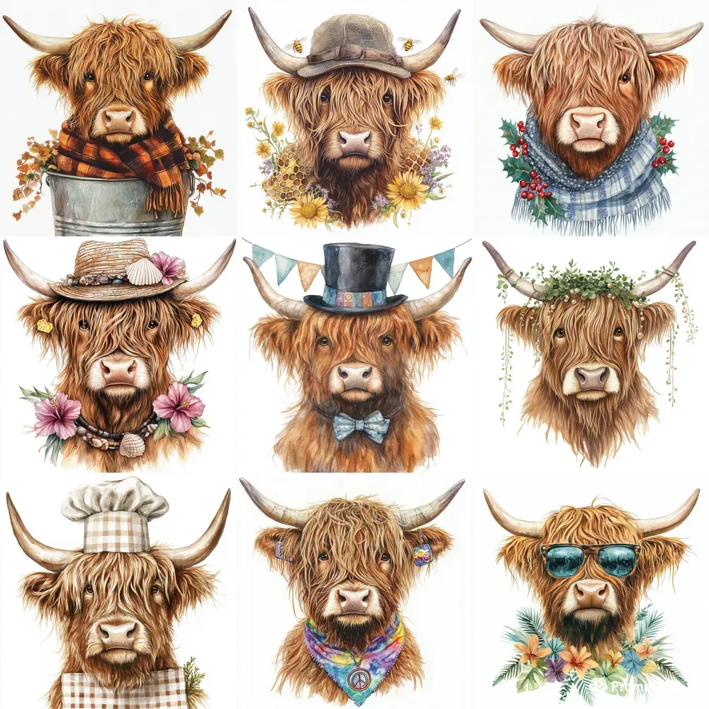 Watercolor Highland Cow Cliparts Midjourney Prompt | PromptBase