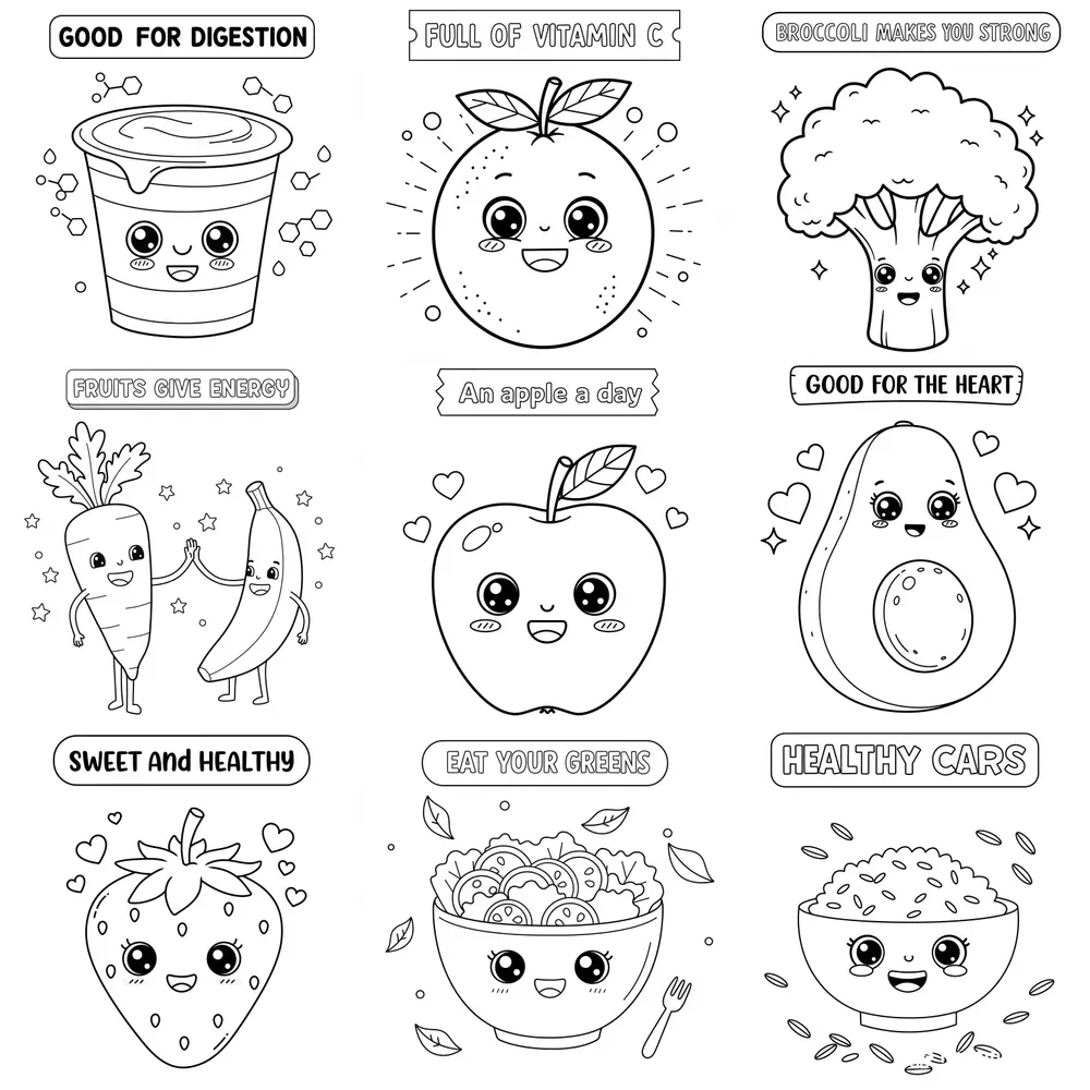 Healthy Bites Fun Coloring Pages Imagen Prompt | PromptBase