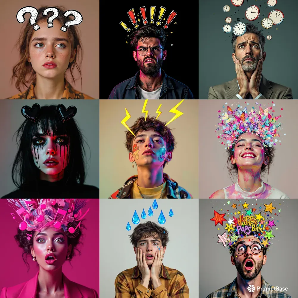 Color Pop Portraits Emotions Collages FLUX Prompt | PromptBase