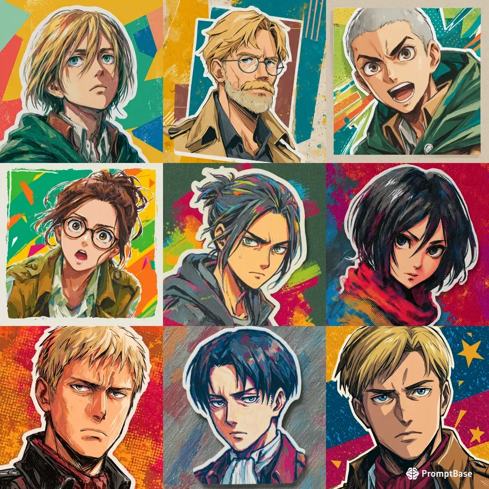 Aot Characters In Pop Art Sticker Style Midjourney Prompt | PromptBase