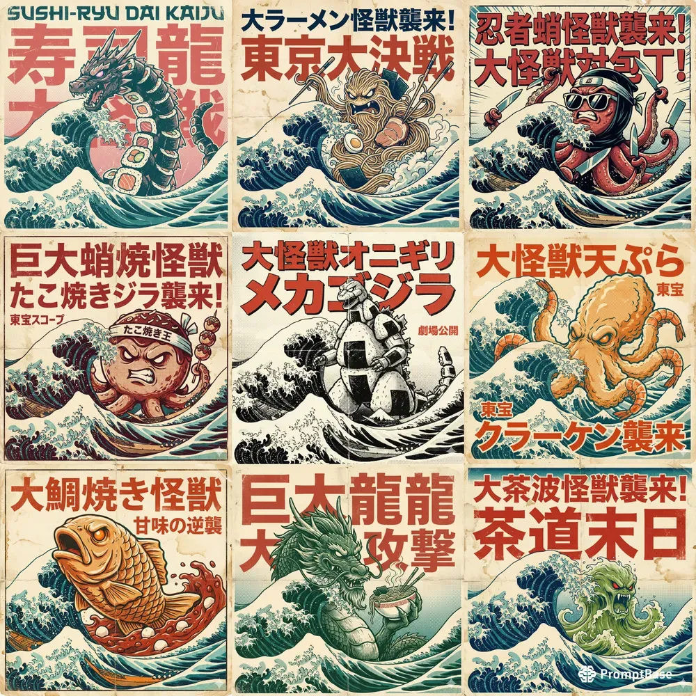 Vintage Japanese Kaiju Movie Posters Gemini Image Prompt | PromptBase