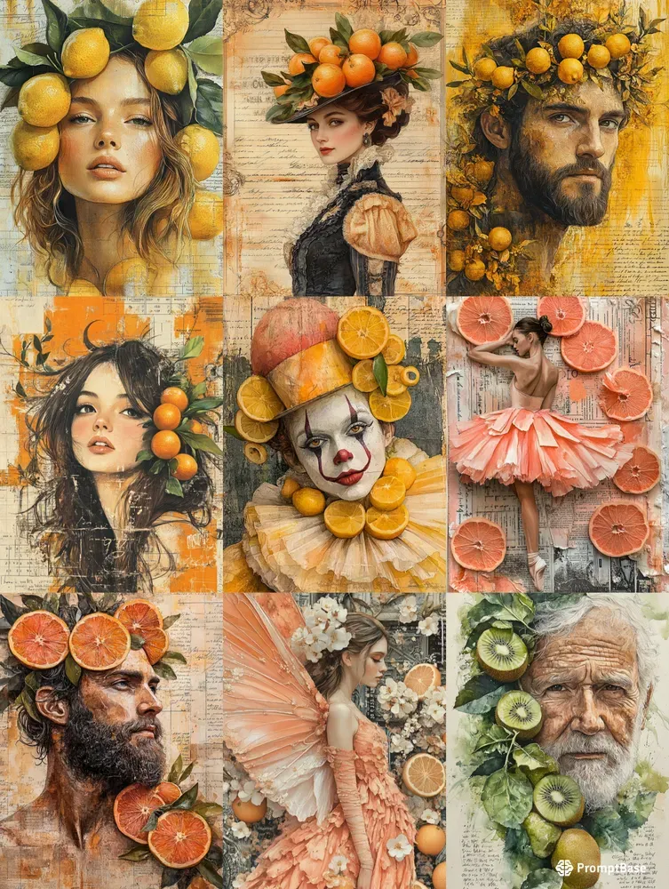 Citrus Portraits Junk Journal Pages Midjourney Prompt | PromptBase