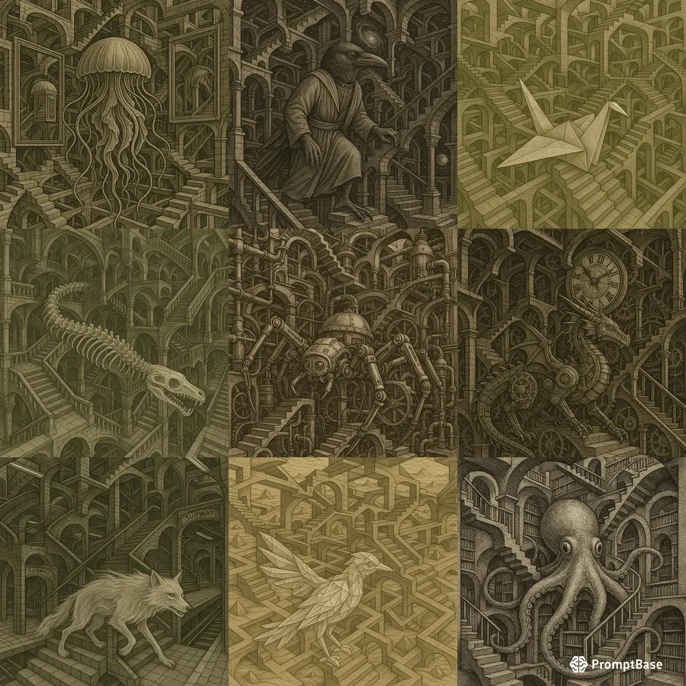 Escher Creatures In Impossible Worlds ChatGPT Image Prompt | PromptBase