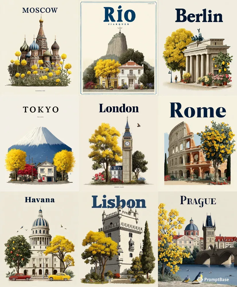 Vibrant City Landmark Posters Packs Midjourney Prompt | PromptBase