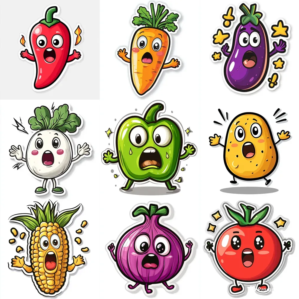 Shocked Vegetable Cartoon Stickers Midjourney Prompt | PromptBase