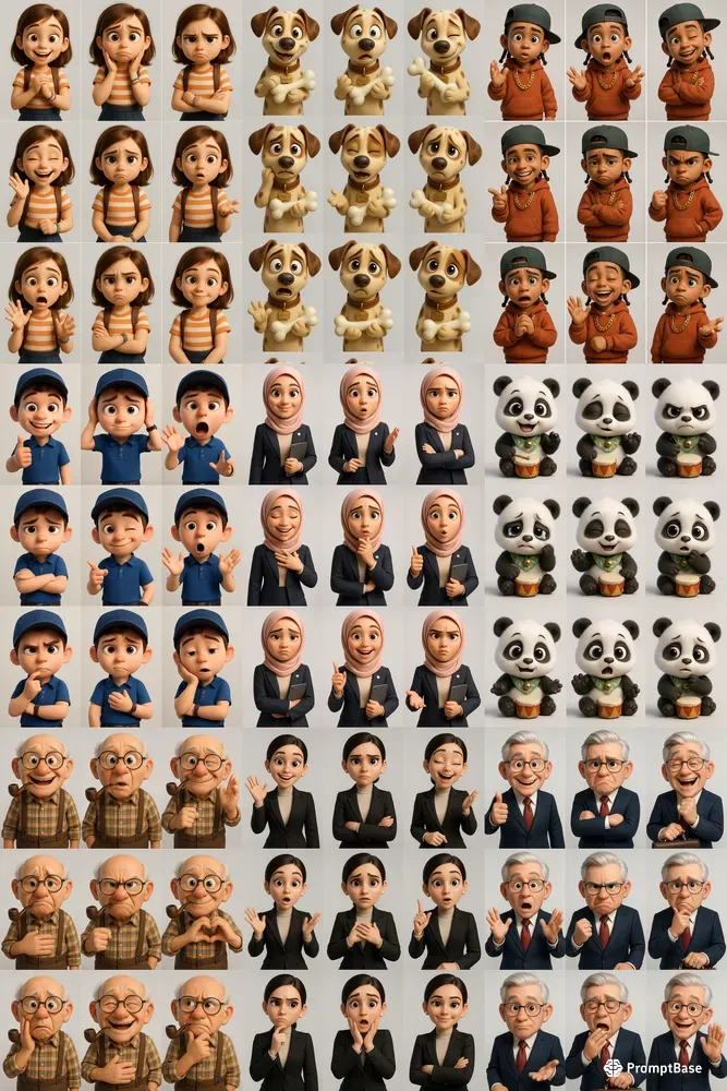 Crazy Pixarstyle 3D Character Grids ChatGPT Image Prompt | PromptBase