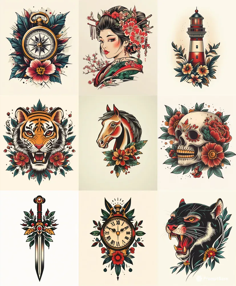 American Traditional Old School Tattoos Midjourney Prompt | PromptBase