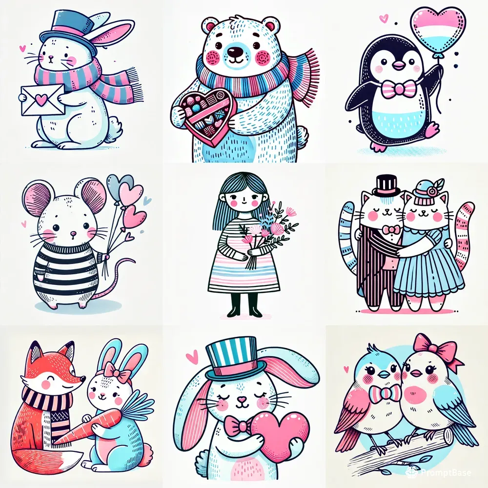 Cute Valentine Characters Cliparts DALL·E Prompt | PromptBase