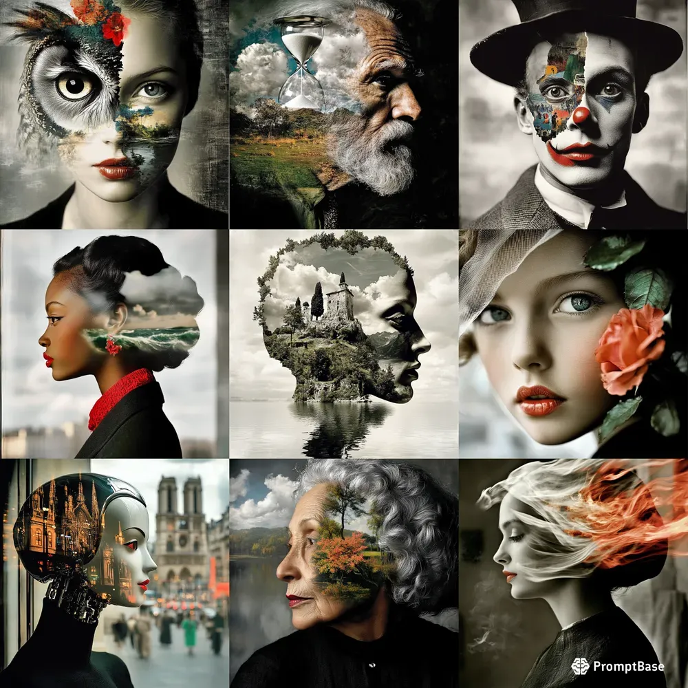 Double Exposure Surreal Portraits Art Midjourney Prompt | PromptBase