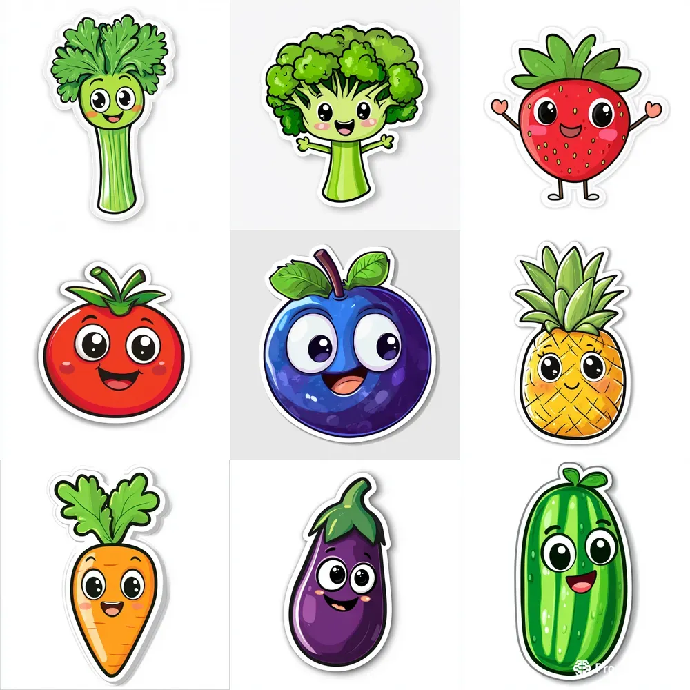 Vibrant Cartoon Produce Stickers Midjourney Prompt | PromptBase