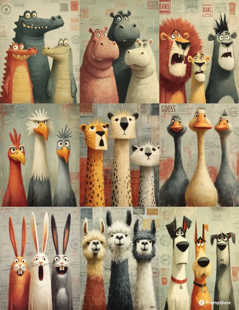Quirky Funny Animals Caricatures Pages Midjourney Prompt | PromptBase