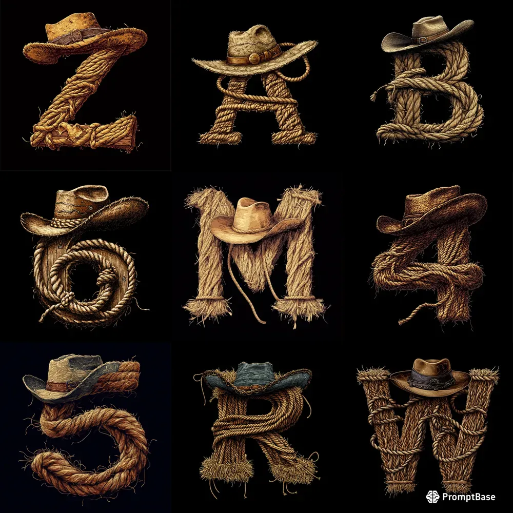 Western Cowboy Letters And Numbers Midjourney Prompt | PromptBase