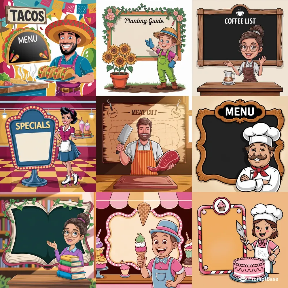 Whimsical Character Signboard Collections Ideogram Prompt | PromptBase